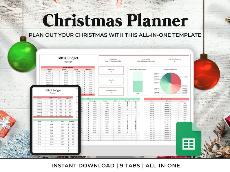 Christmas Planner Spreadsheet Google Sheets Budget Tracker Gift Tracker ...