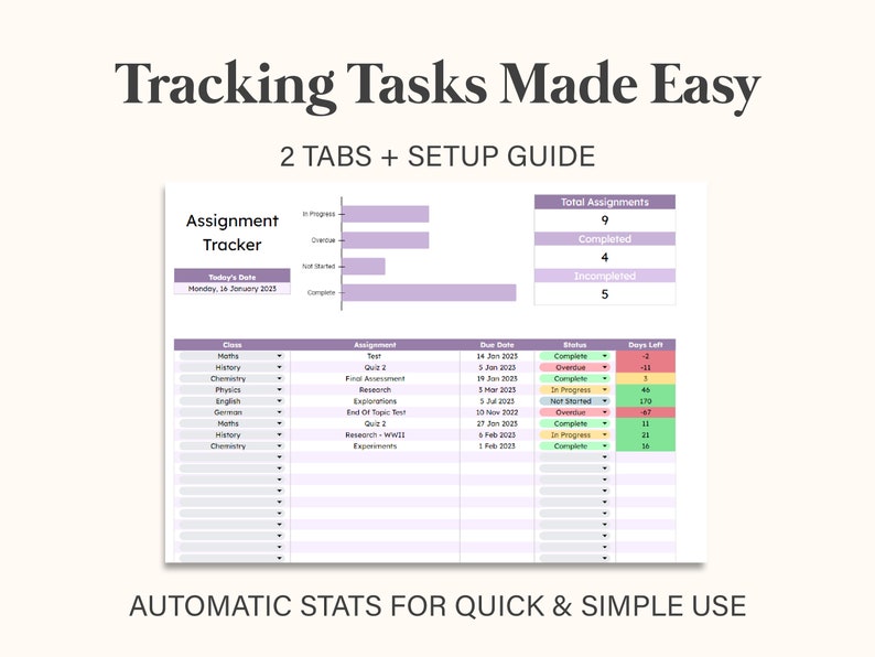 Assignment Tracking Spreadsheet, School Spreadsheet, Assignment Tracker Google Sheets, Task ...