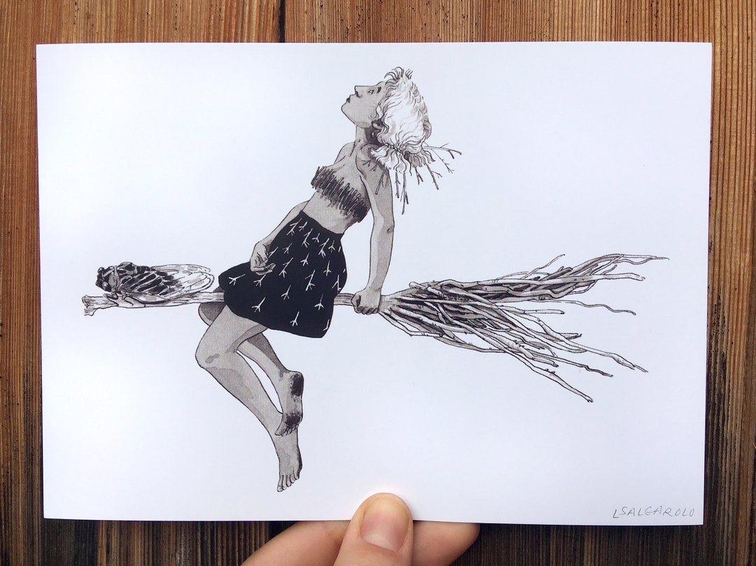 Art Print | Witch on Her Broom | Ink Drawing | Illustration 5x7 - Etsy