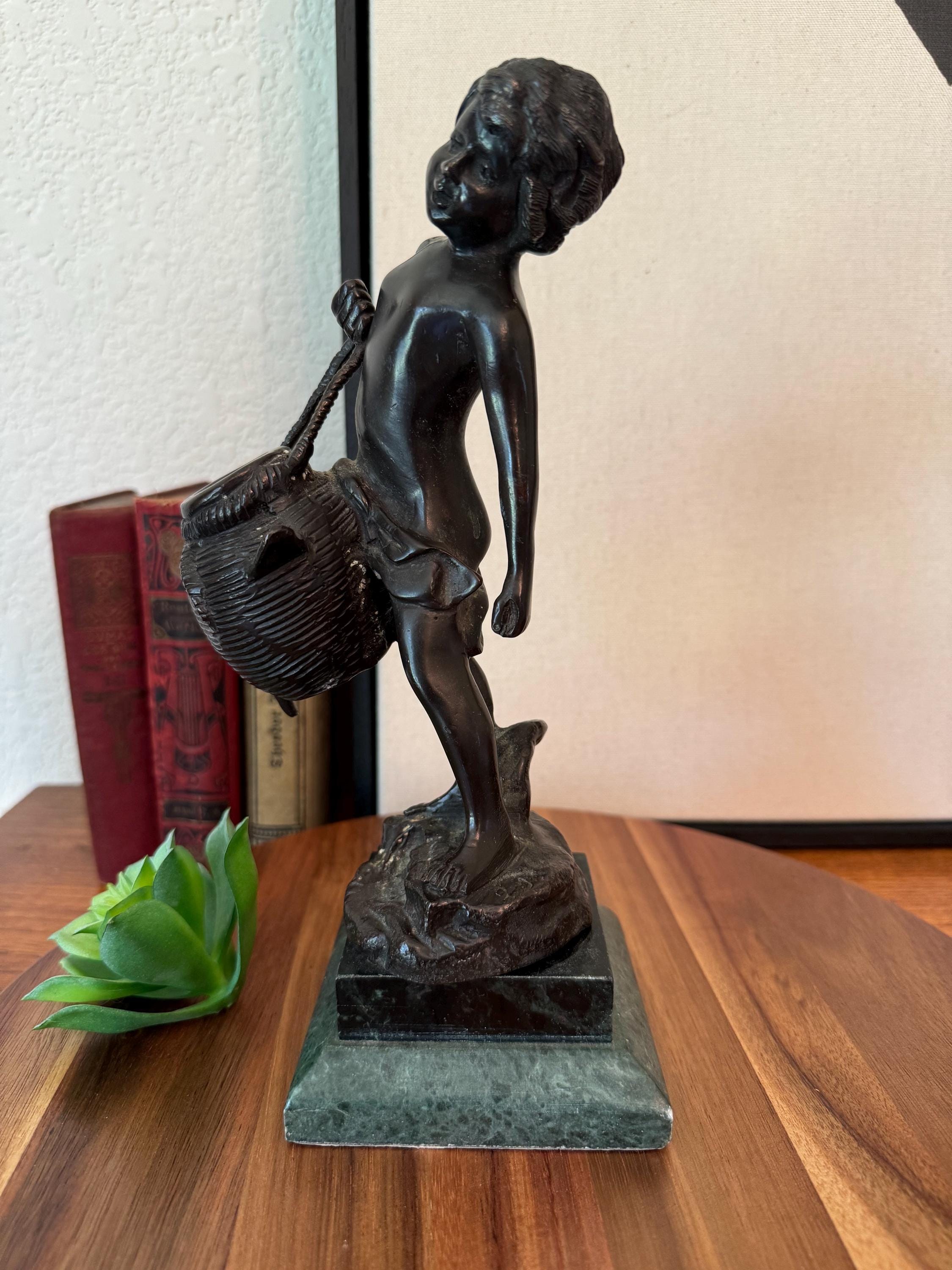 Heavy Bronze Sculpture of Boy With a Basket on Tiered Green Marble Base ...