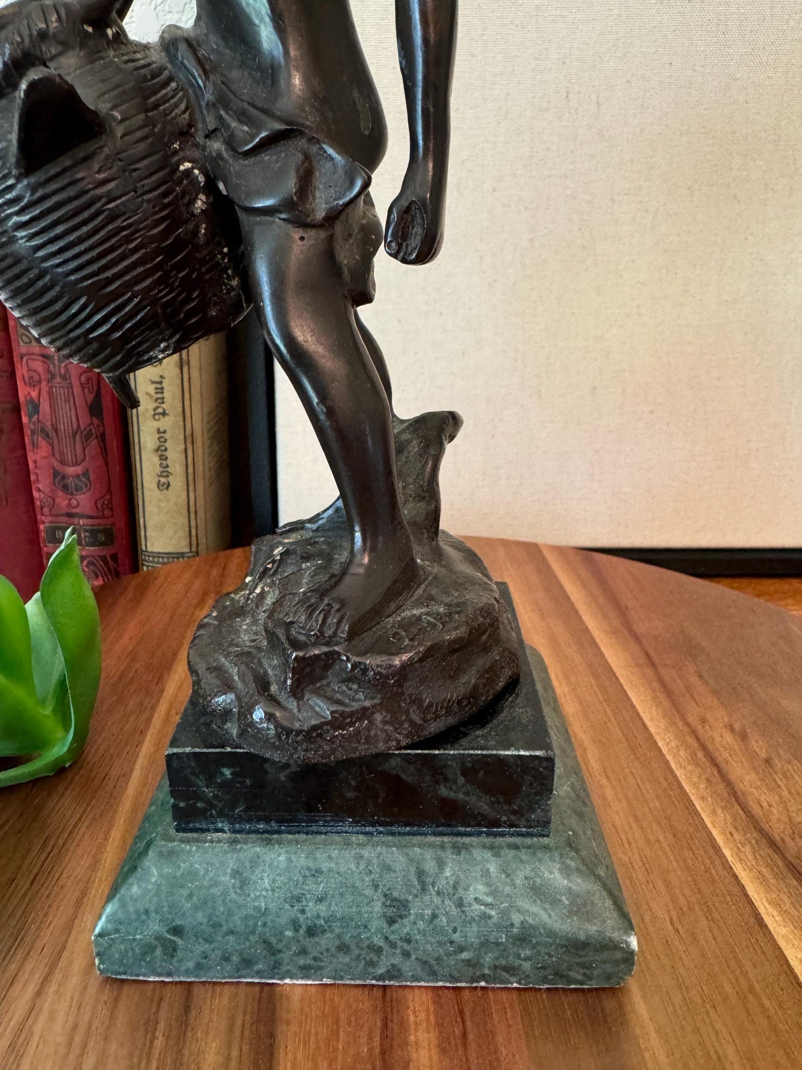 Heavy Bronze Sculpture of Boy With a Basket on Tiered Green Marble Base ...