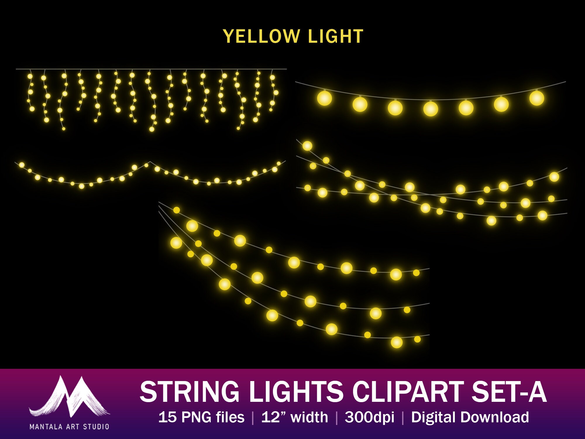 String Lights Clipart Bundle, Hanging Round Bulb Garland, Glowing Party ...