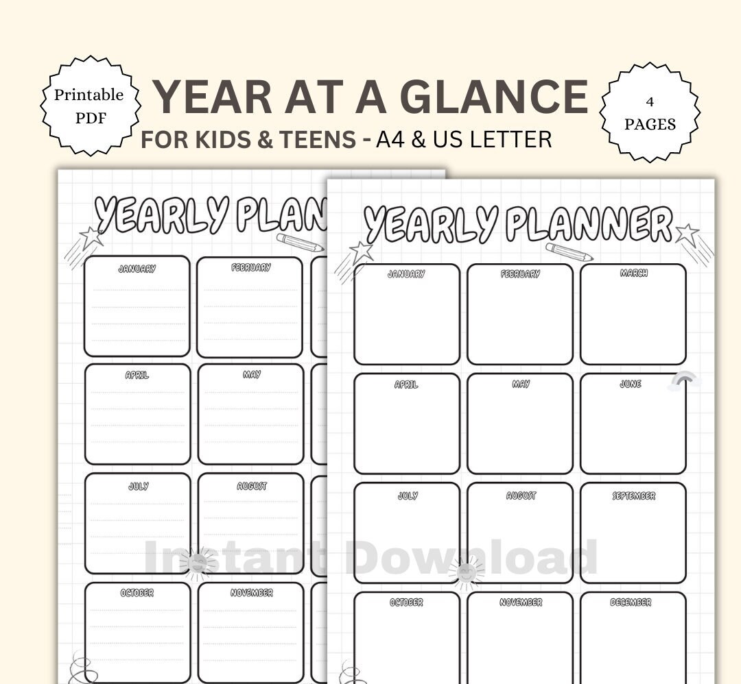 Yearly Planner for Kids & Teens Year at A Glance Printable - Etsy