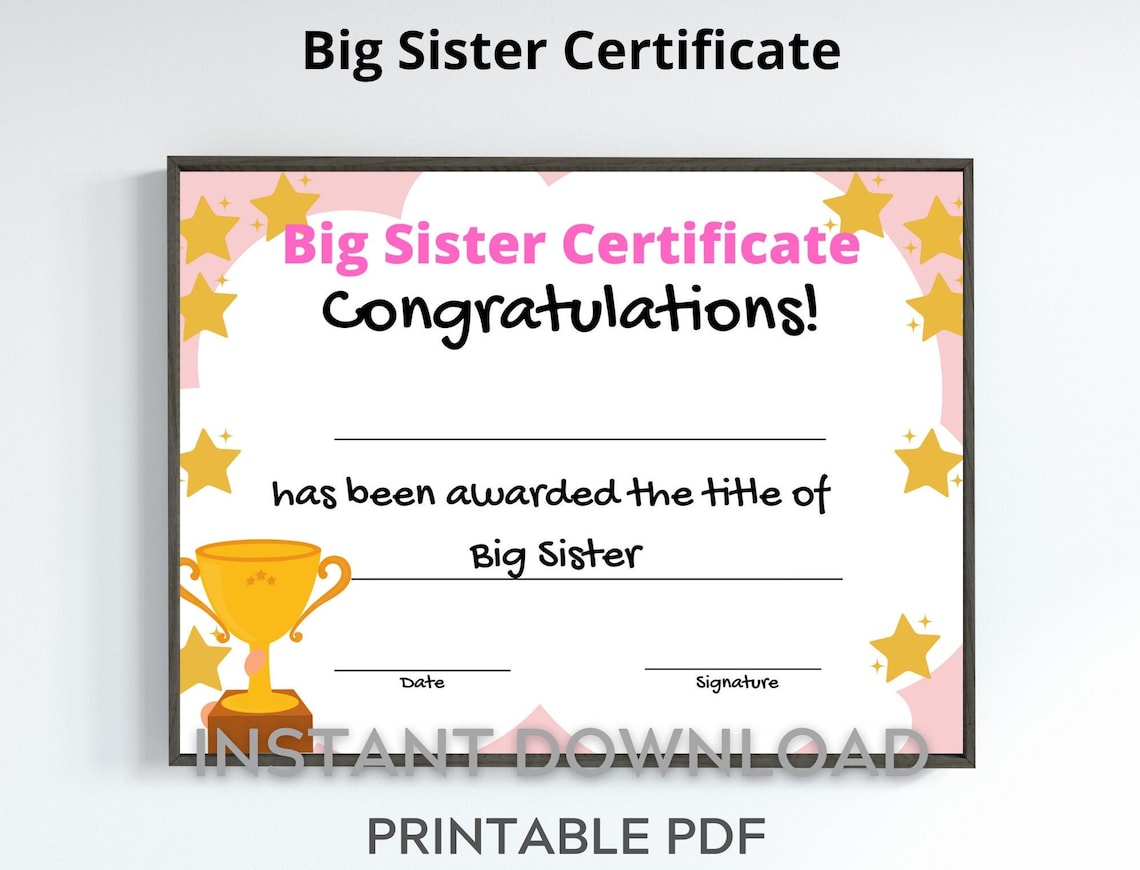 Big Sister Certificate Printable - for Kids - New Sibling Keepsake Gift ...