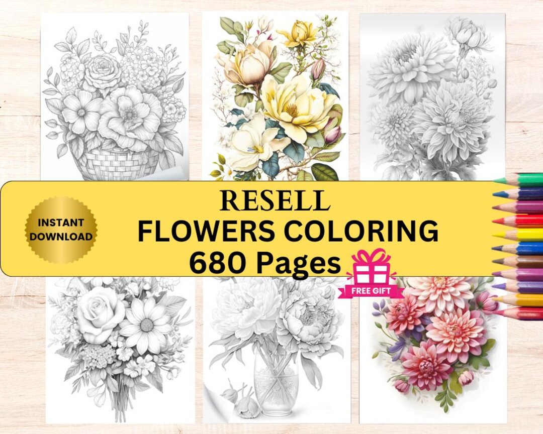 Resell 680 Flowers Coloring Pages Bundle for Adults Floral Coloring ...