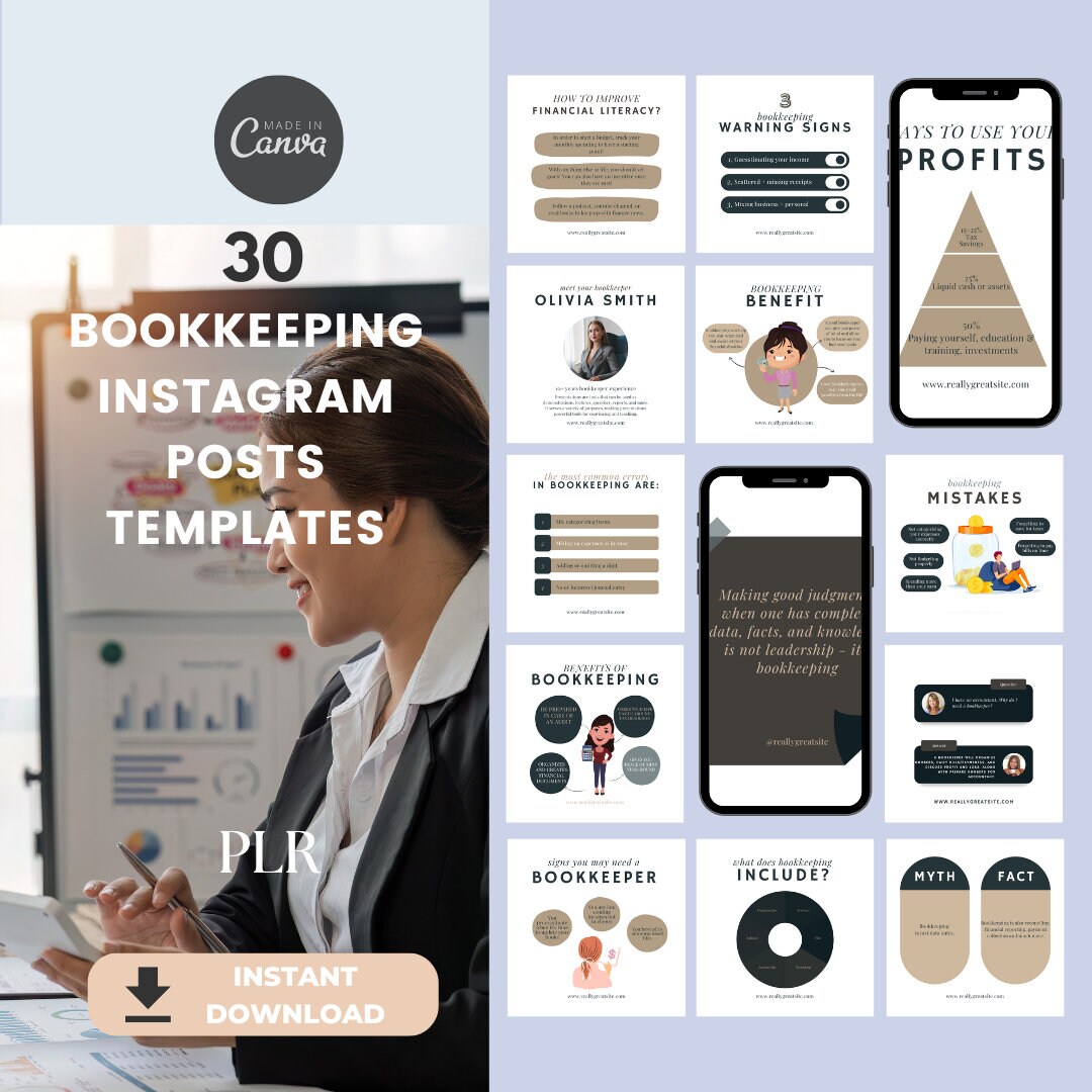 PLR Bookkeeping Instagram Posts, 30 Aesthetic Templates, Canva ...