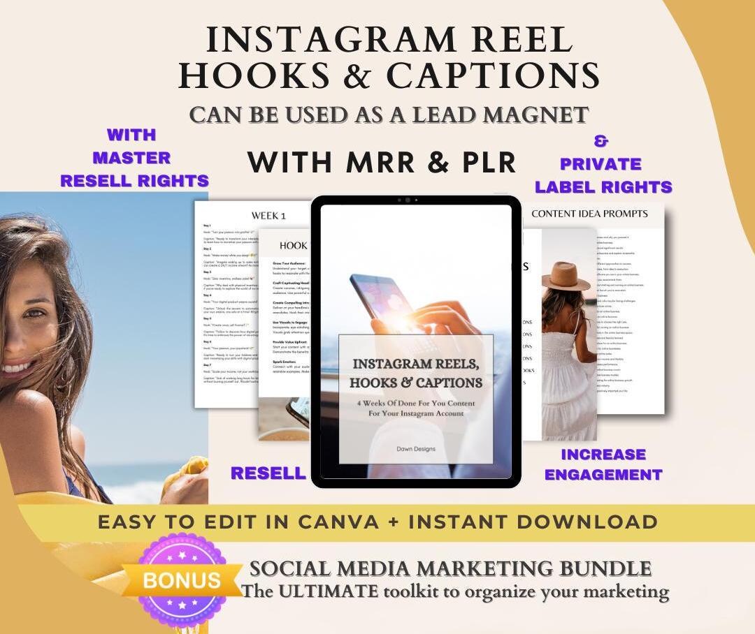Instagram Reel Hooks and Captions, PLR, Lead Magnet, Digital Marketing ...