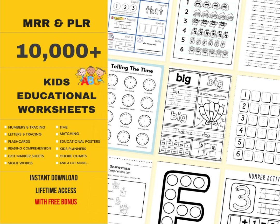 MRR Kids Educational Worksheets Bundle Printable PLR, 10,000+ Education ...
