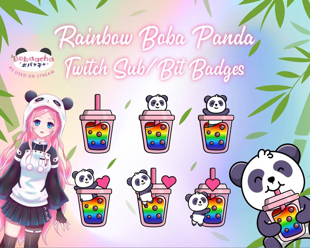 Rainbow Boba Panda Twitch Sub / Bit Badges for Streamer, Vtuber, Cute ...