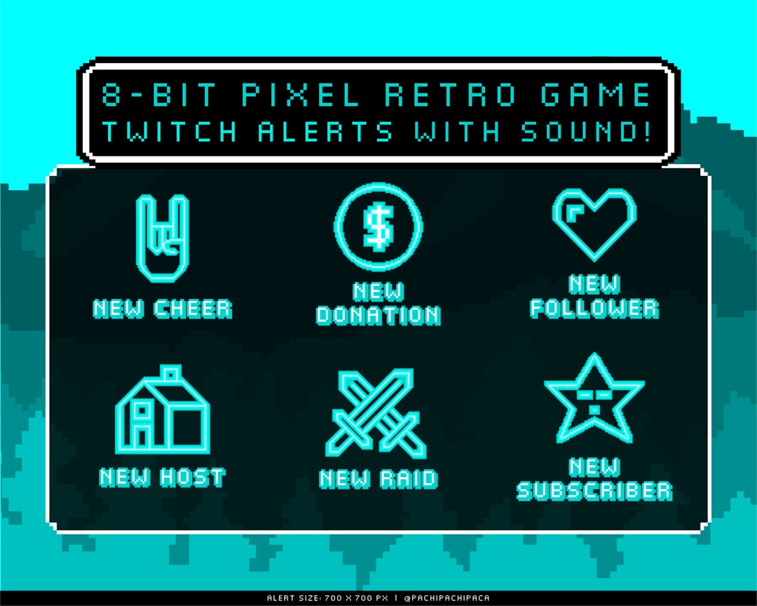 Twitch Teal Neon Alerts Animated With Sound, Pixel Art Retro 8bit ...