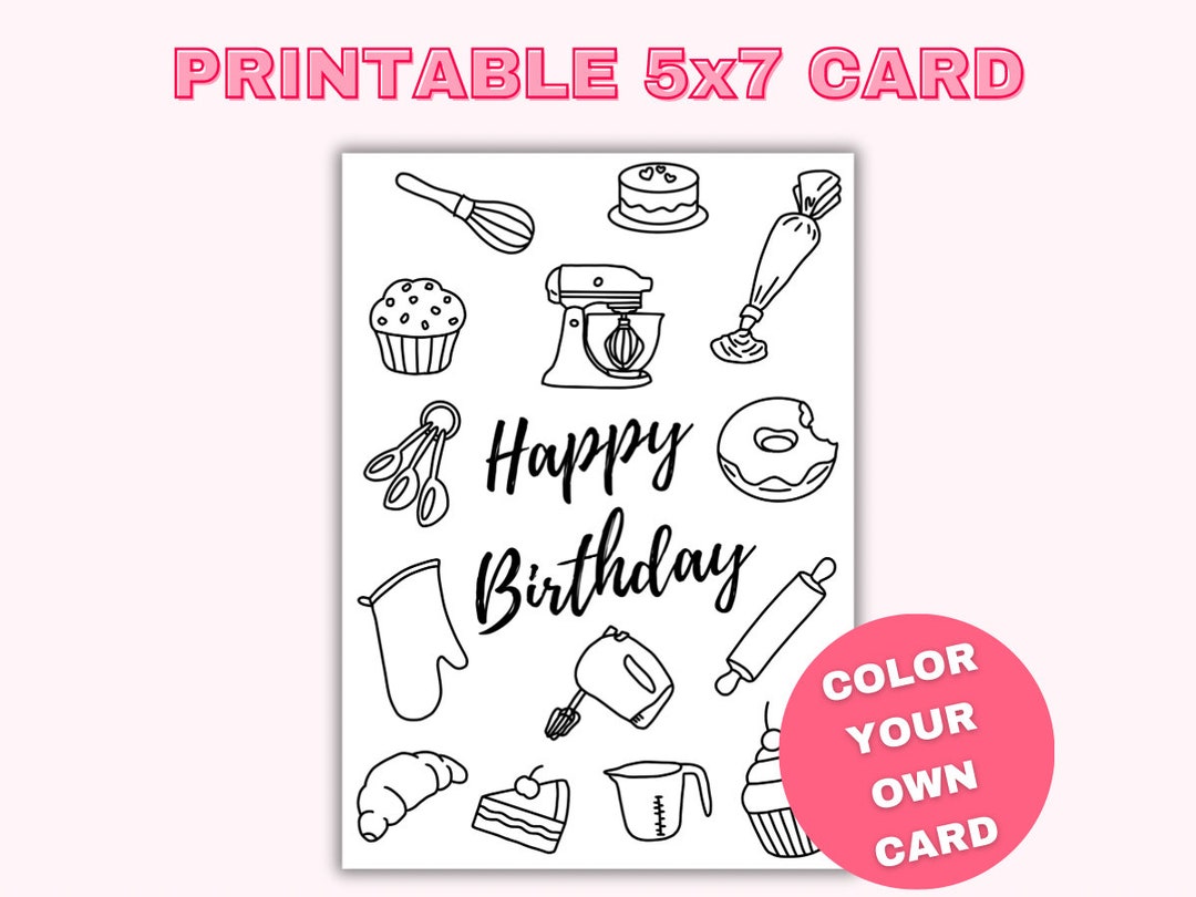 Printable Baking Birthday Greeting Card | Color Your Own Greeting Card ...