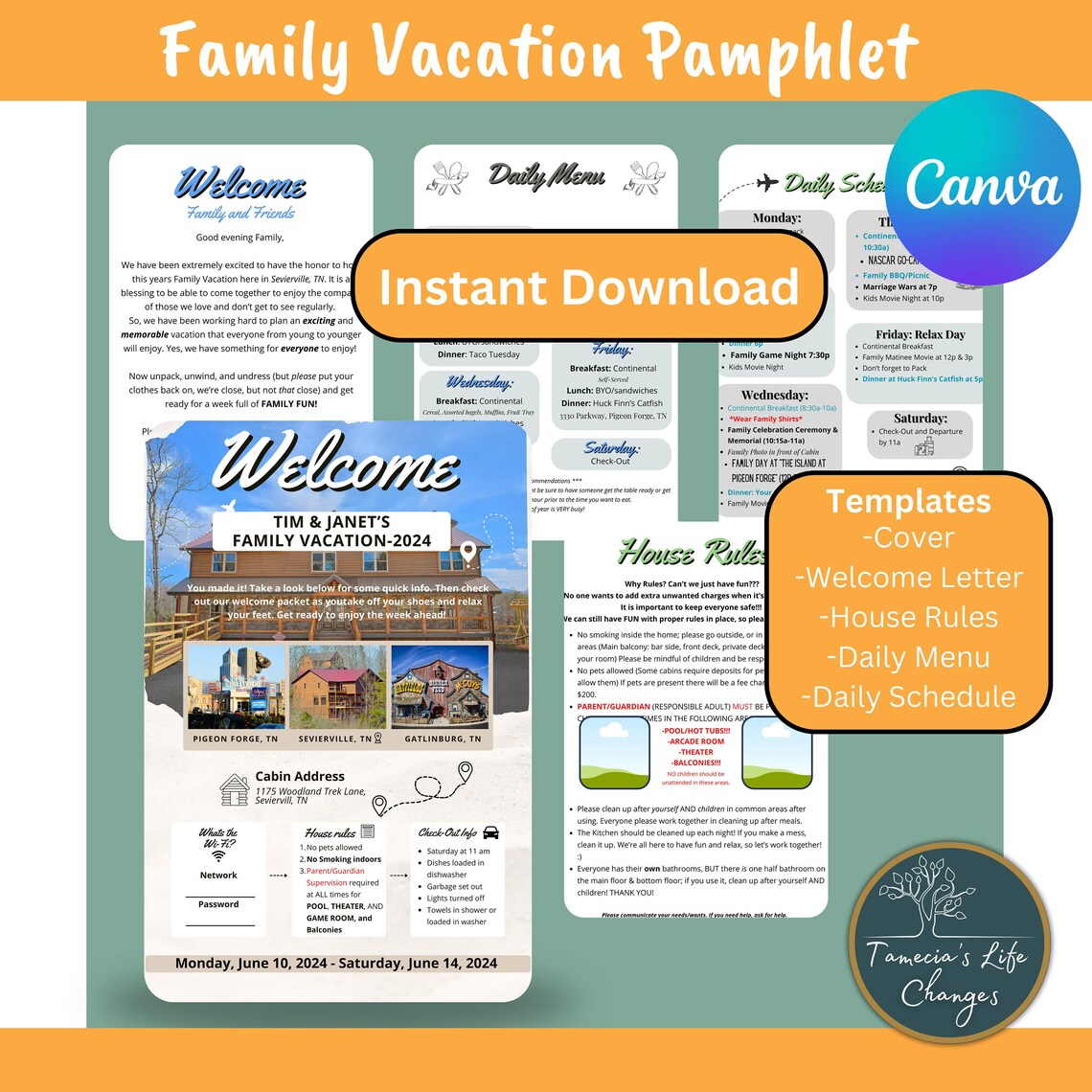 Family Vacation Pamphlet and Itinerary, Menu Planner, Family Trip ...