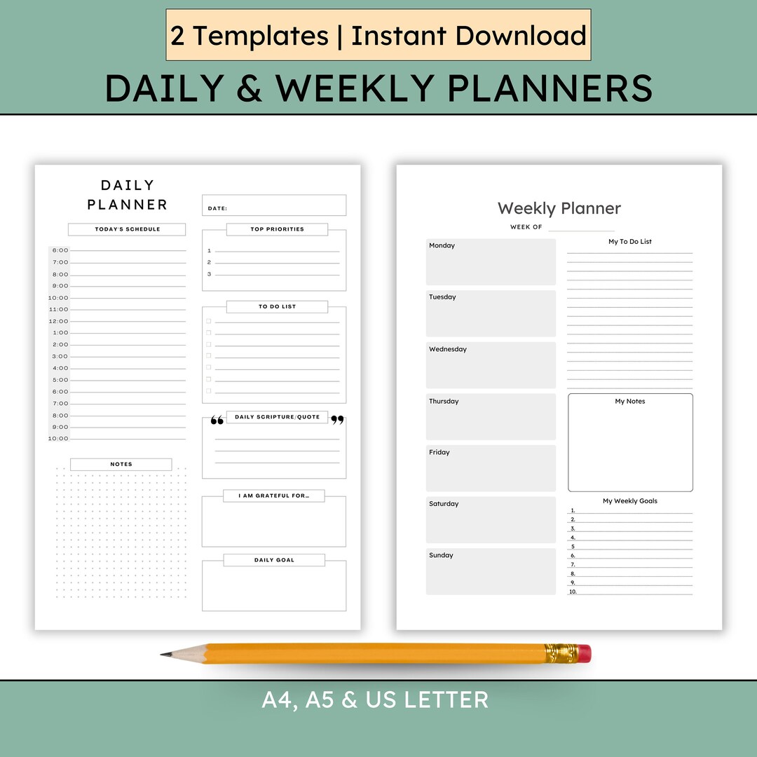 Printable PDF Daily & Weekly Planner Templates, Planner Pages, Weekly ...