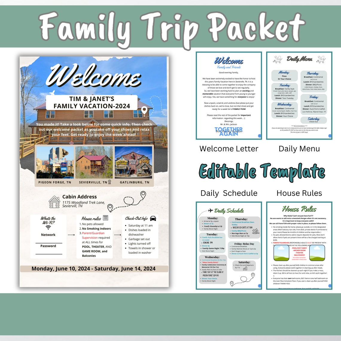 Family Vacation Pamphlet and Itinerary, Menu Planner, Family Trip ...