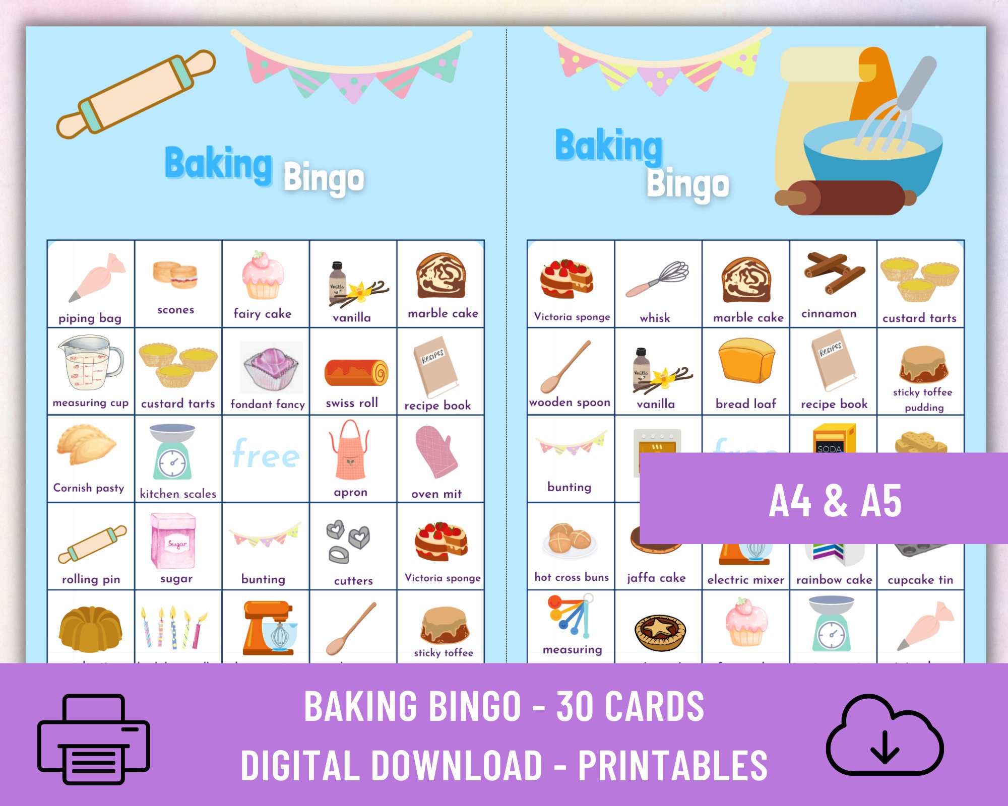 Baking Bingo Set | PDF Printable Game Pack for Kids | Activity Set for ...