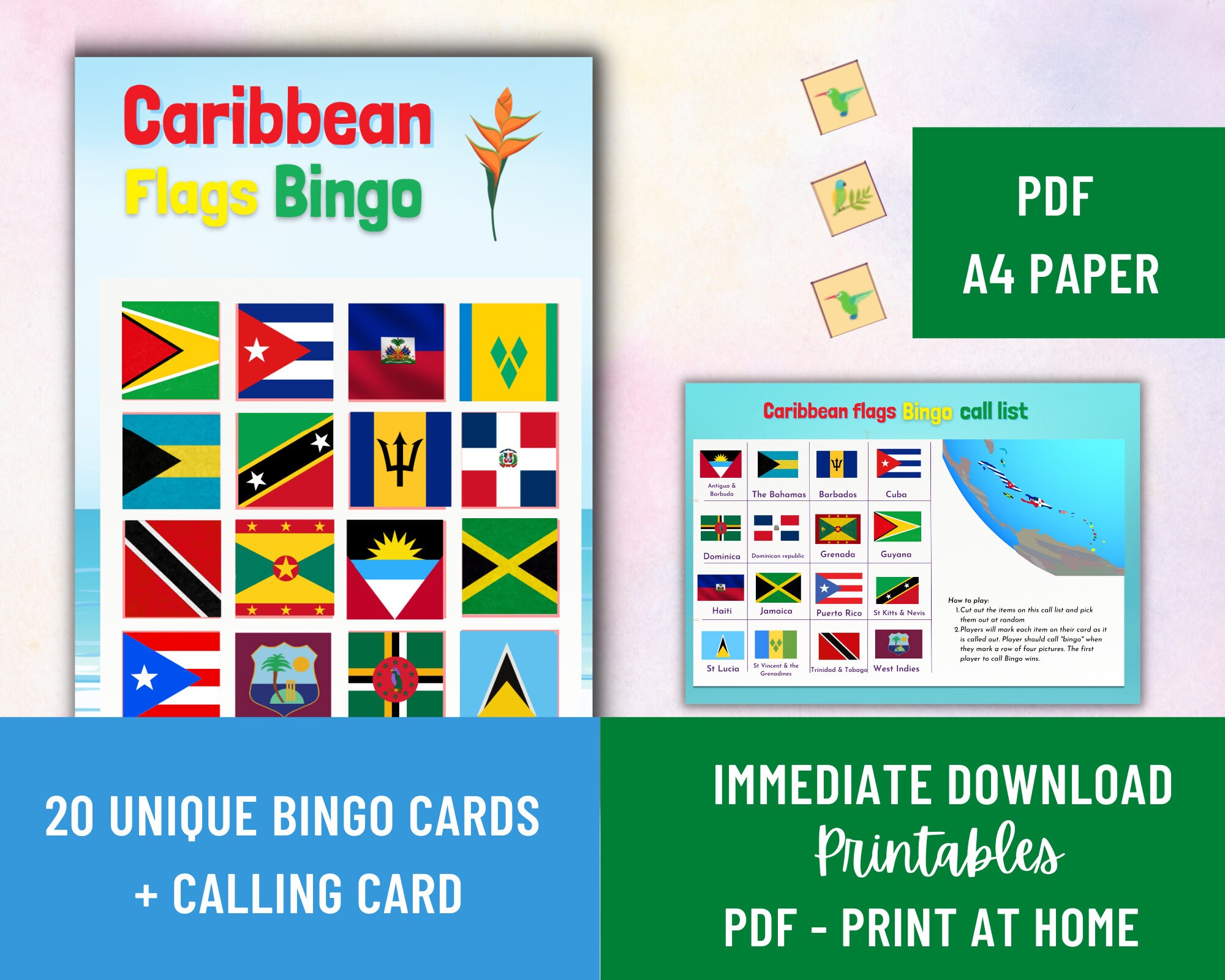 Caribbean Flags Bingo Digital Printable Game | PDF Kids Activity Set ...