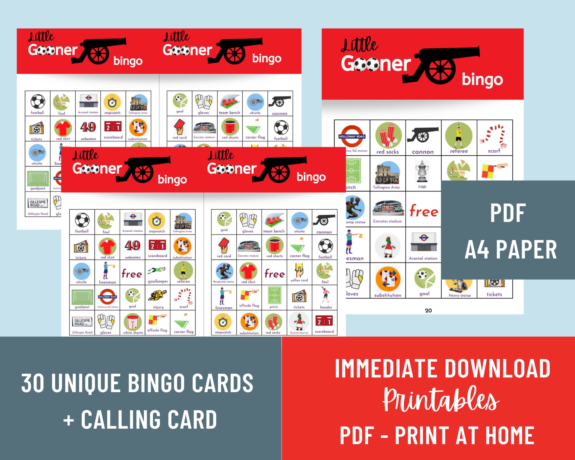 Bingo Game Gooner Football | PDF Printable Activity for Kids | for Fan ...