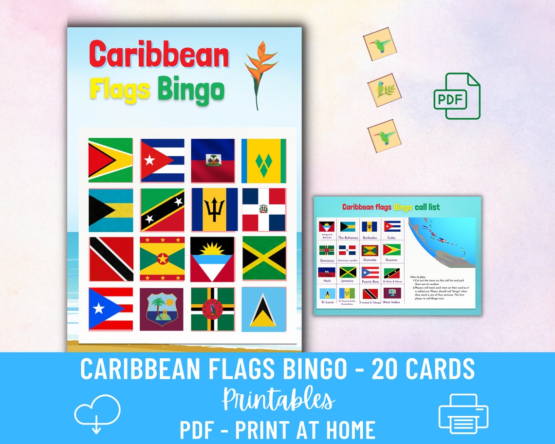Caribbean Flags Bingo Digital Printable Game PDF Kids Activity Set Play ...