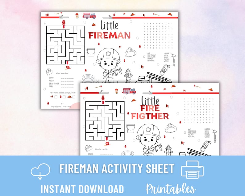Firefighter Coloring Page Activity Sheet | Kids Placemat | Printable ...