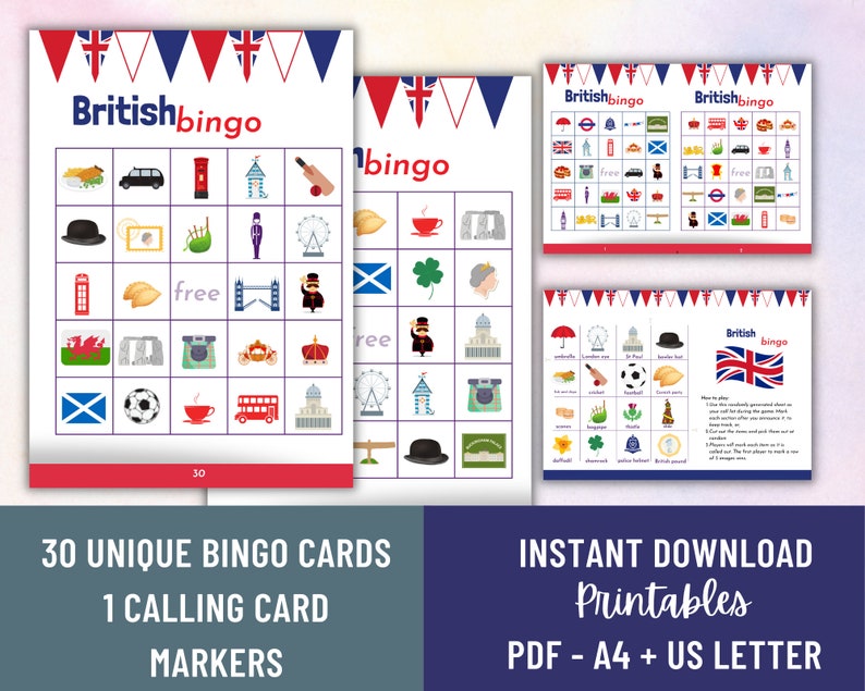 British Bingo 30 Unique Cards Kids Activity & Games DIGITAL Download ...