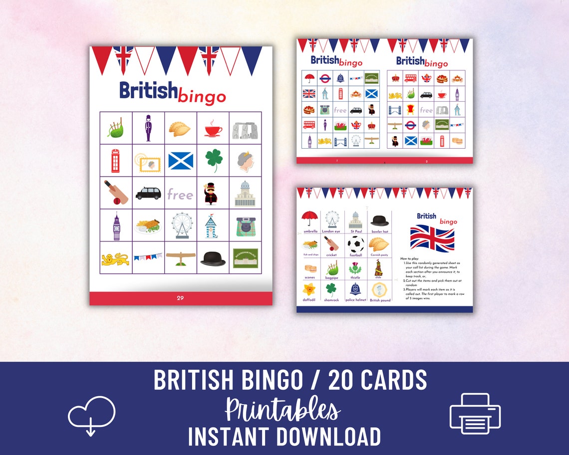 British Bingo 30 Unique Cards Kids Activity & Games DIGITAL Download ...