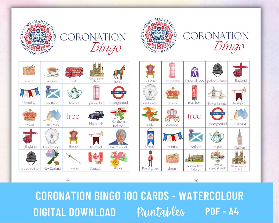 Coronation Bingo 100 Cards Kids Activity & Games DIGITAL - Etsy