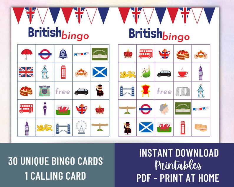 British Bingo 30 Unique Cards Kids Activity & Games - Etsy