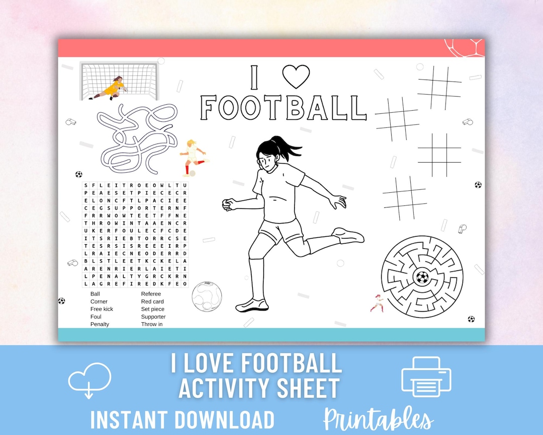 Football Activity Sheet: Colouring Page, Word Search, Maze (printable ...