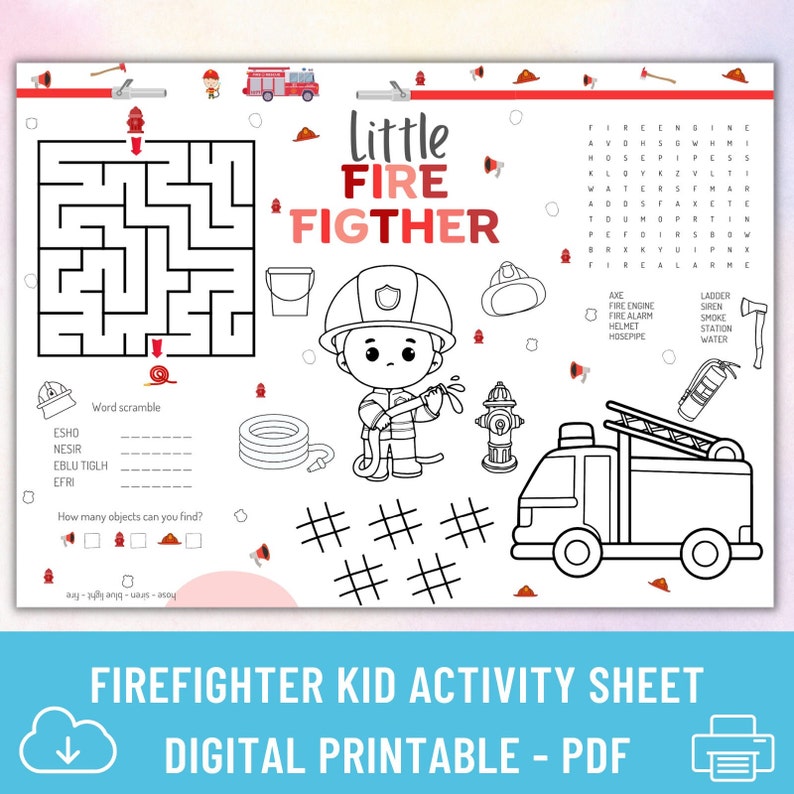 Firefighter Coloring Page Activity Sheet | Kids Placemat | Printable ...