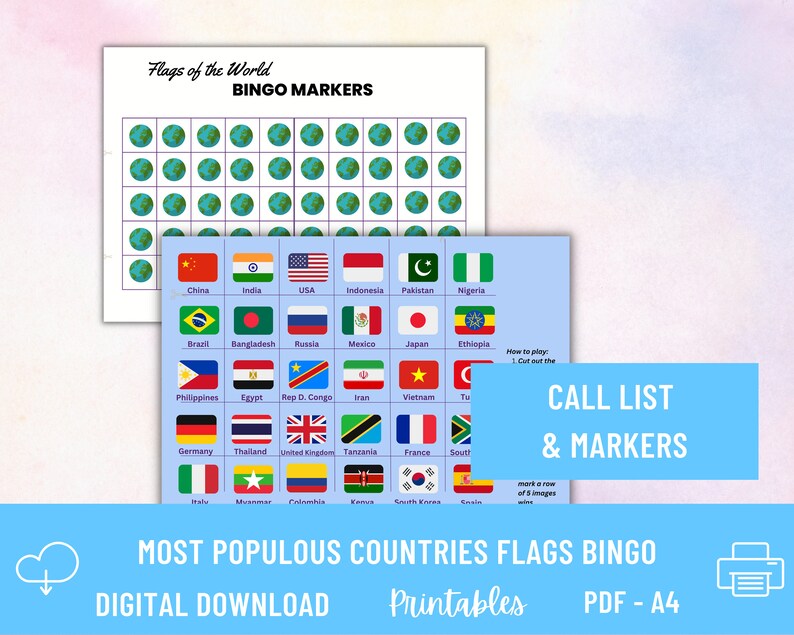 Flags of the World 30 Cards Bingo Set | PDF Digital Printables for Kids ...