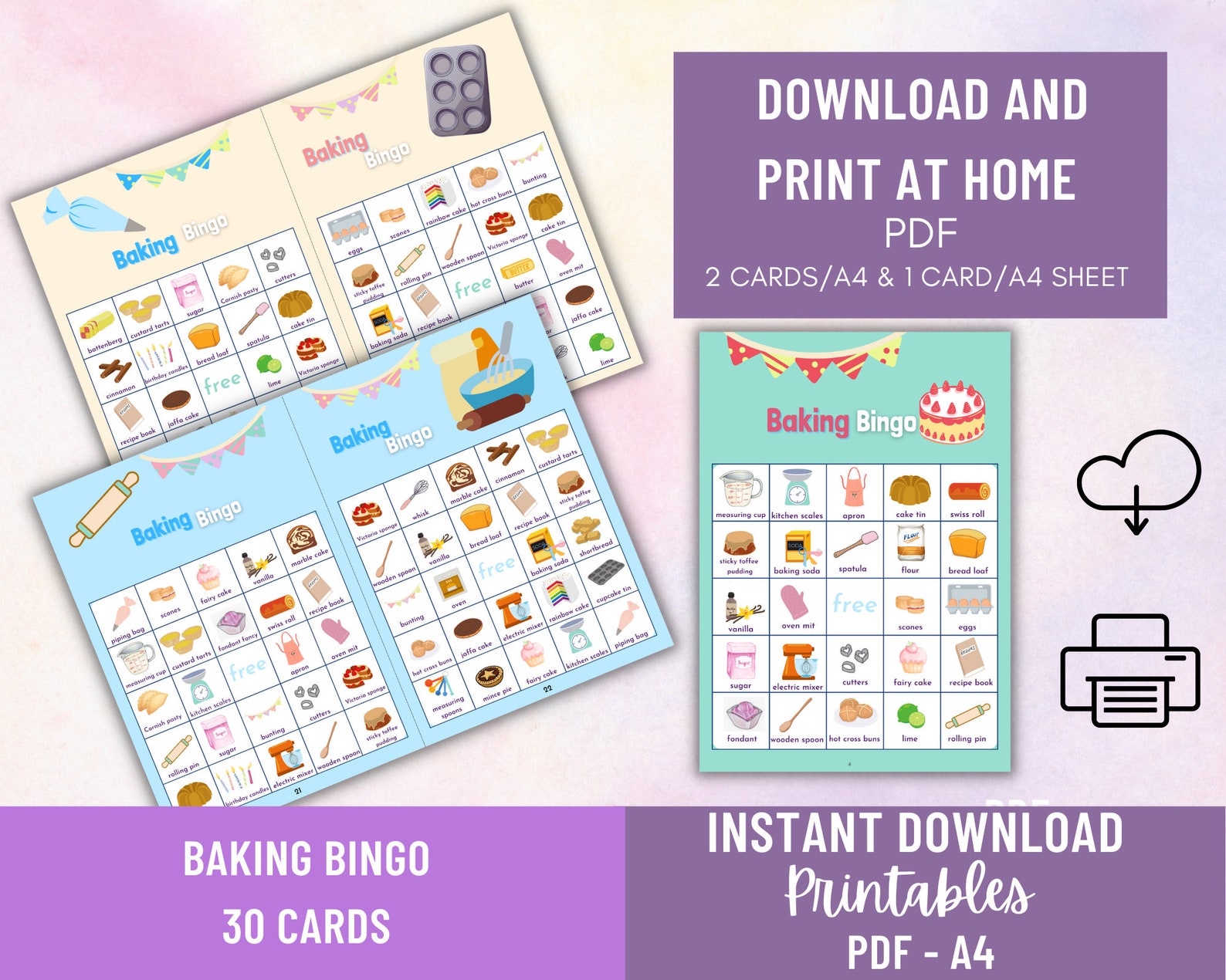 Baking Bingo Set PDF Printable Game Pack for Kids Activity Set for ...