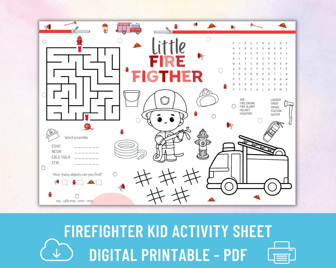 Firefighter Coloring Page Activity Sheet Kids Placemat Printable ...