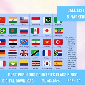 Flags of the World 30 Cards Bingo Set | PDF Digital Printables for Kids ...