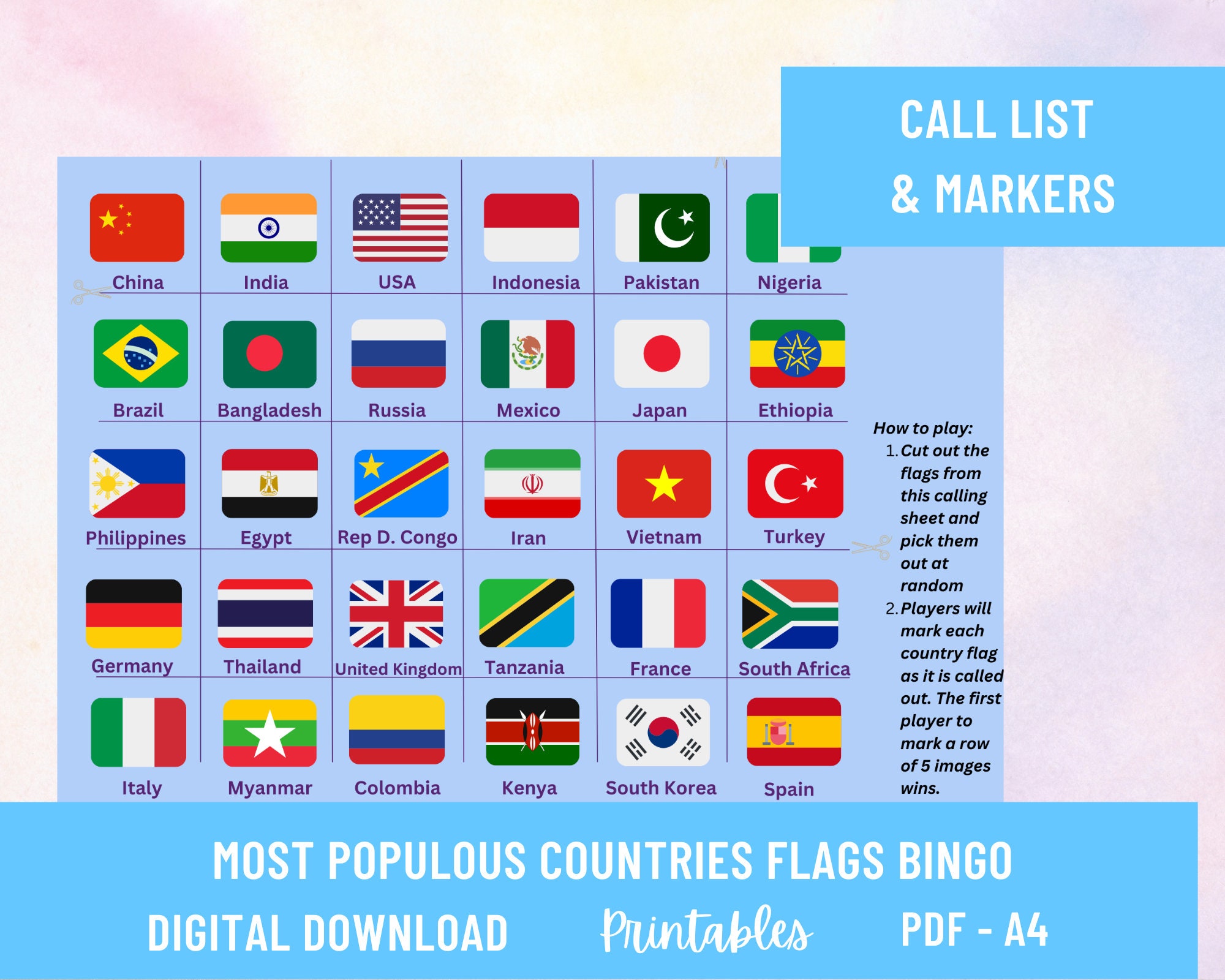 Flags of the World 30 Cards Bingo Set | PDF Digital Printables for Kids ...