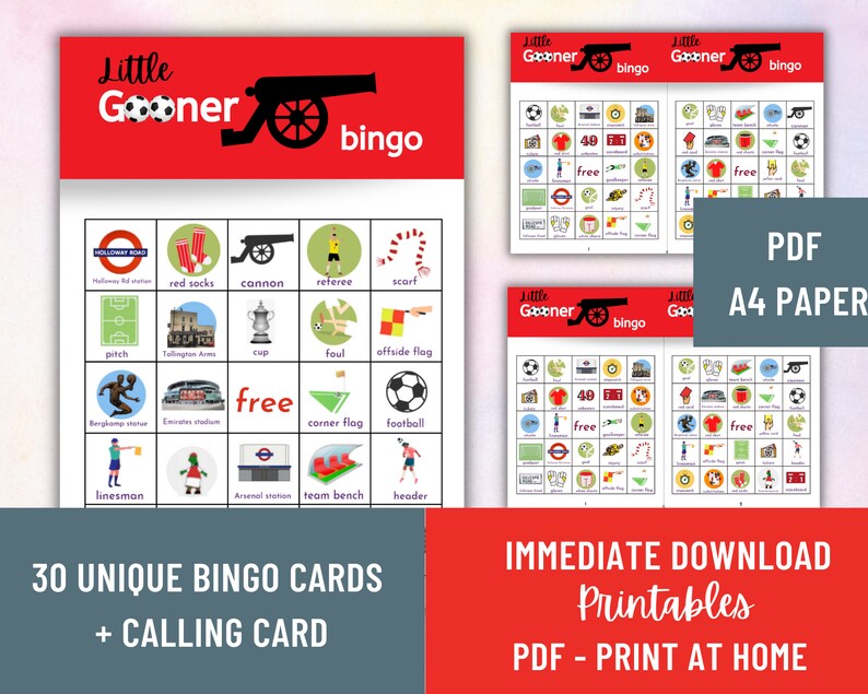 Bingo Game Gooner Football | PDF Printable Activity for Kids | for Fan ...