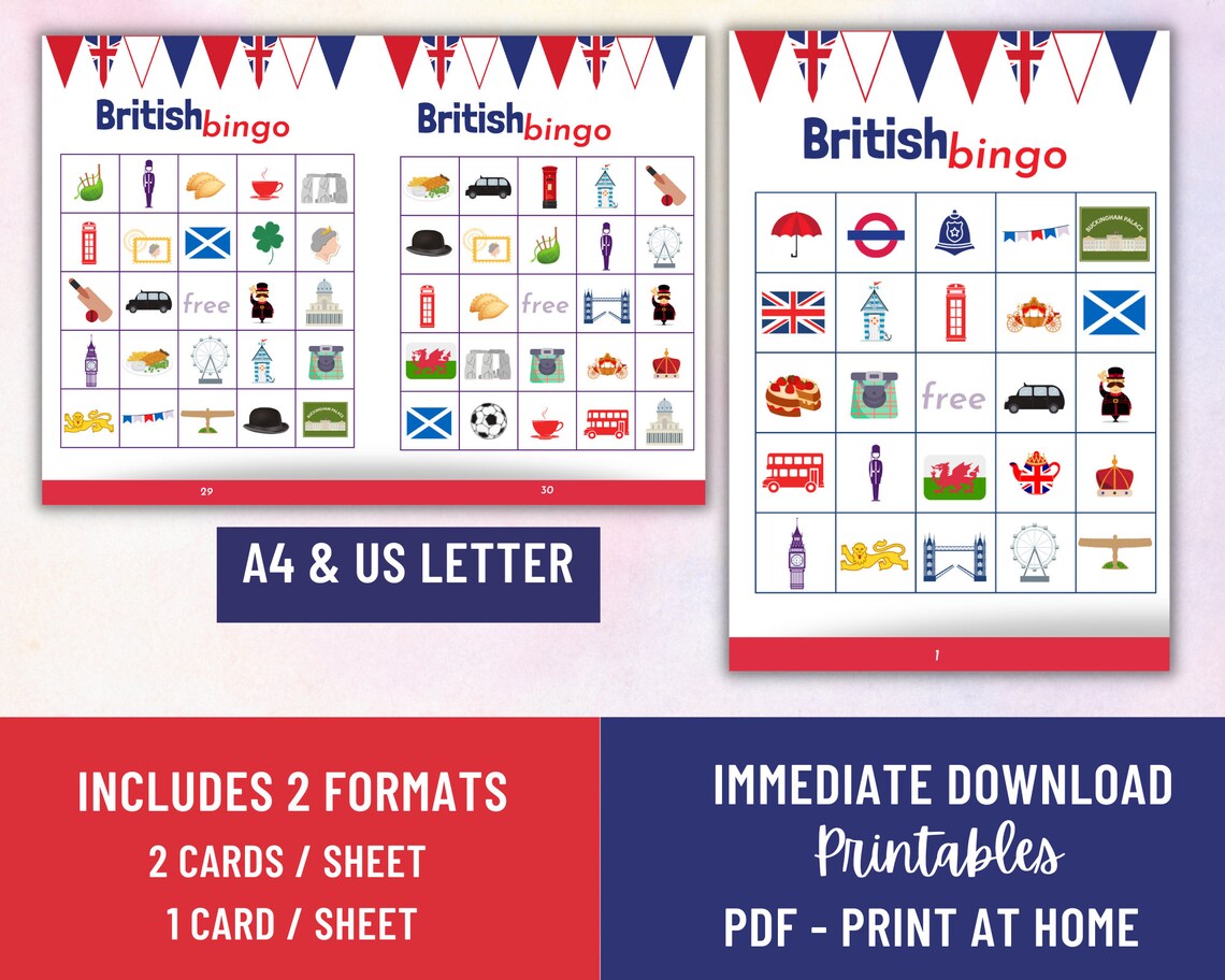British Bingo 30 Unique Cards Kids Activity & Games DIGITAL Download ...