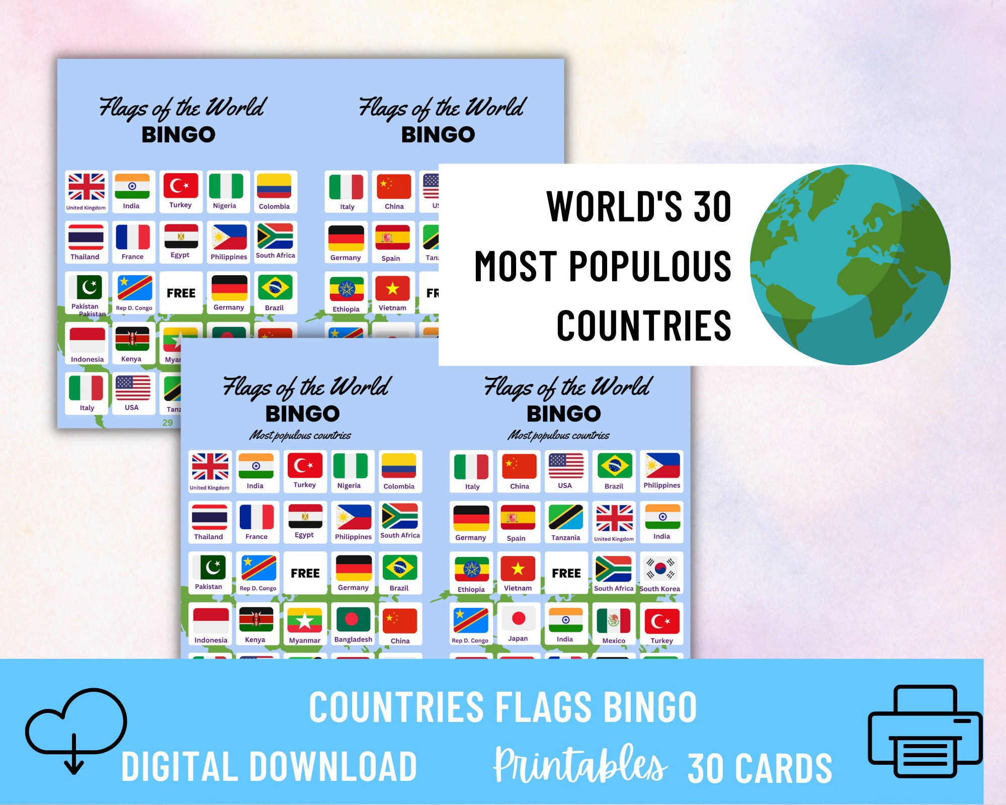 Flags of the World 30 Cards Bingo Set | PDF Digital Printables for Kids ...