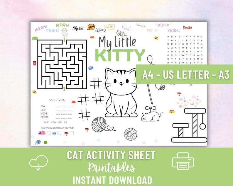 My Kitty Page Activity Sheet Child Colouring Placemat Printable ...