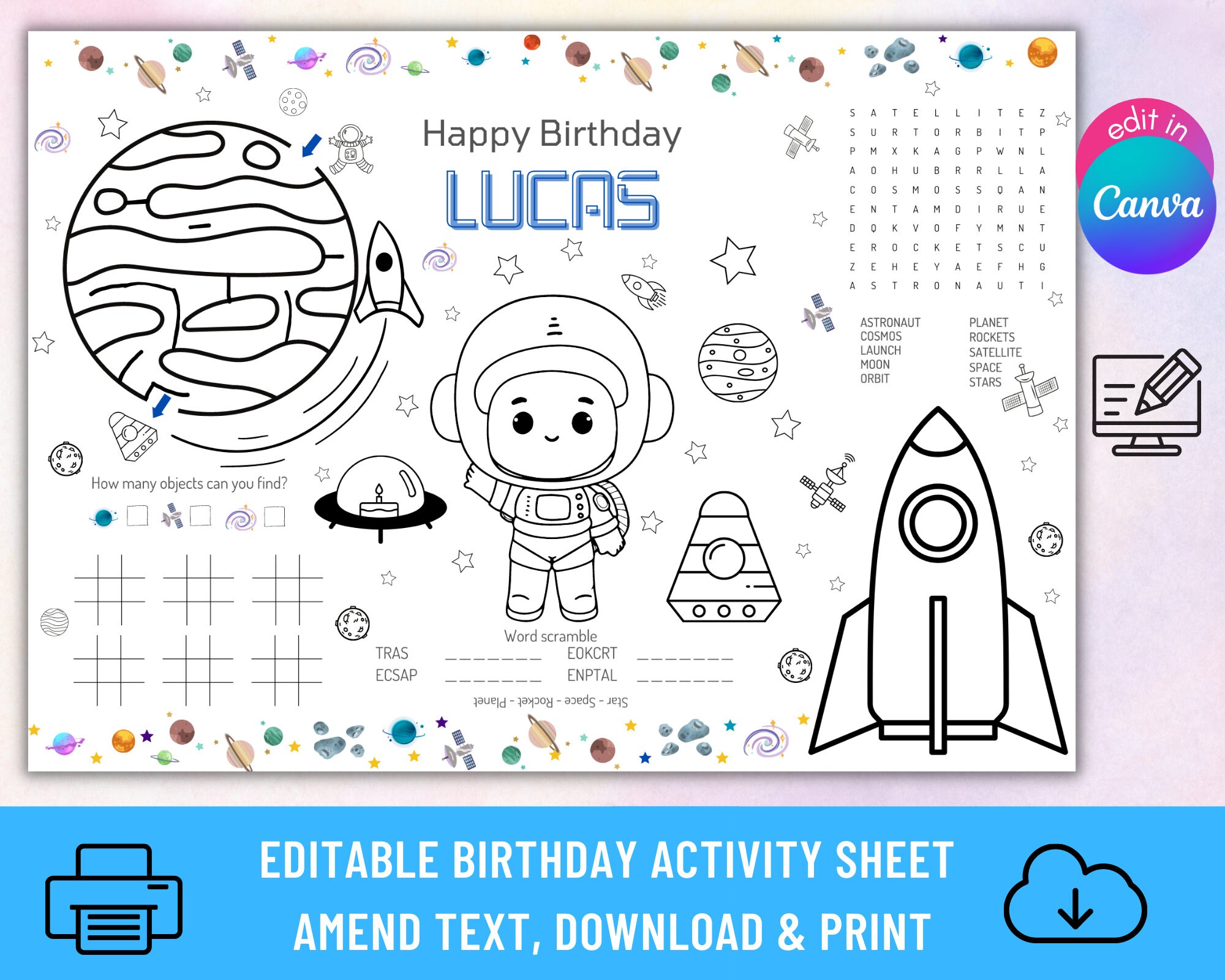 Editable Birthday Astronaut Activity Sheet Digital Download Printable ...