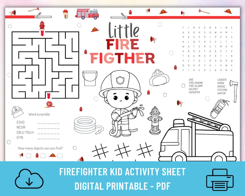 Firefighter Coloring Page Activity Sheet Kids Placemat Printable ...