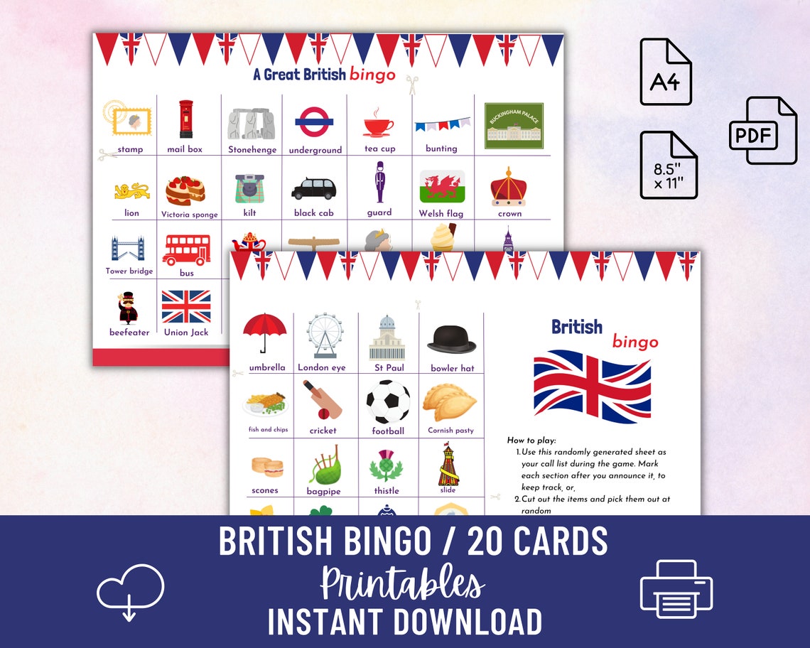 British Bingo 30 Unique Cards Kids Activity & Games DIGITAL Download ...