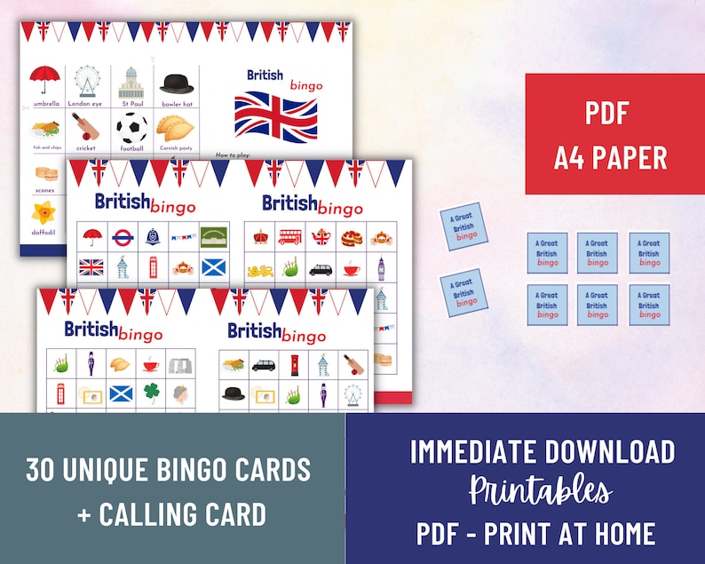 British Bingo 30 Unique Cards | Kids Activity & Games | DIGITAL ...