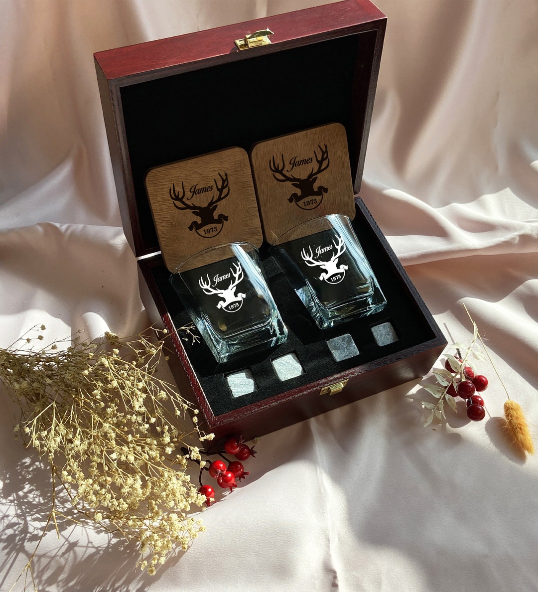Personalized Whiskey Glass Set With Engraved Wooden Box - Engraved ...