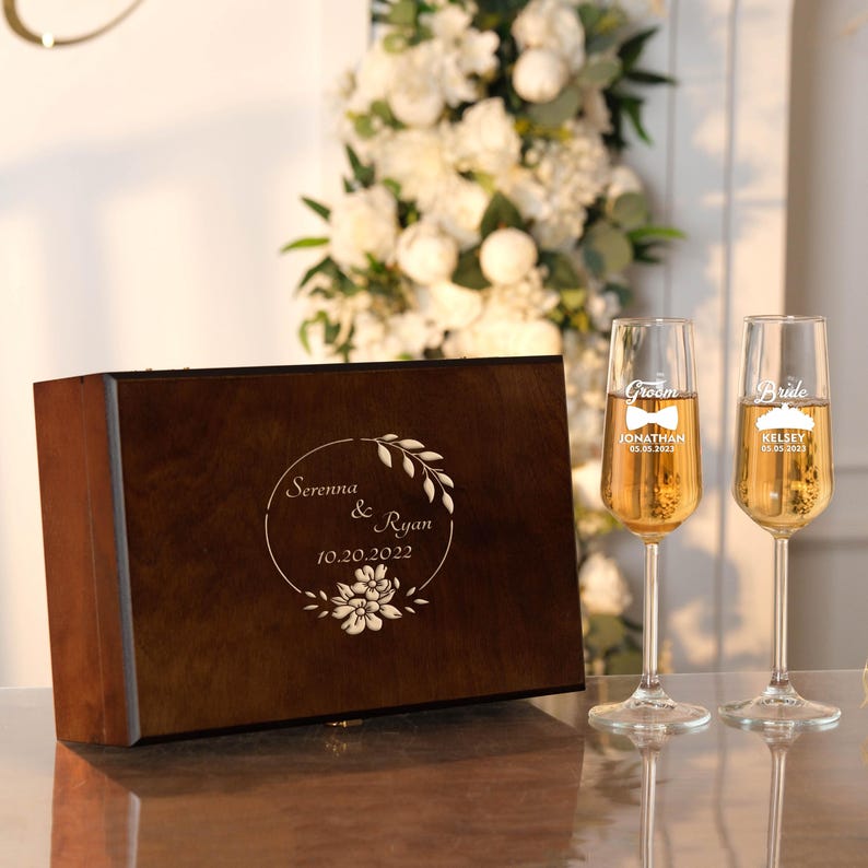 Engraved Wedding Champagne Flutes, Personalized Wooden Boxed Gift Set ...