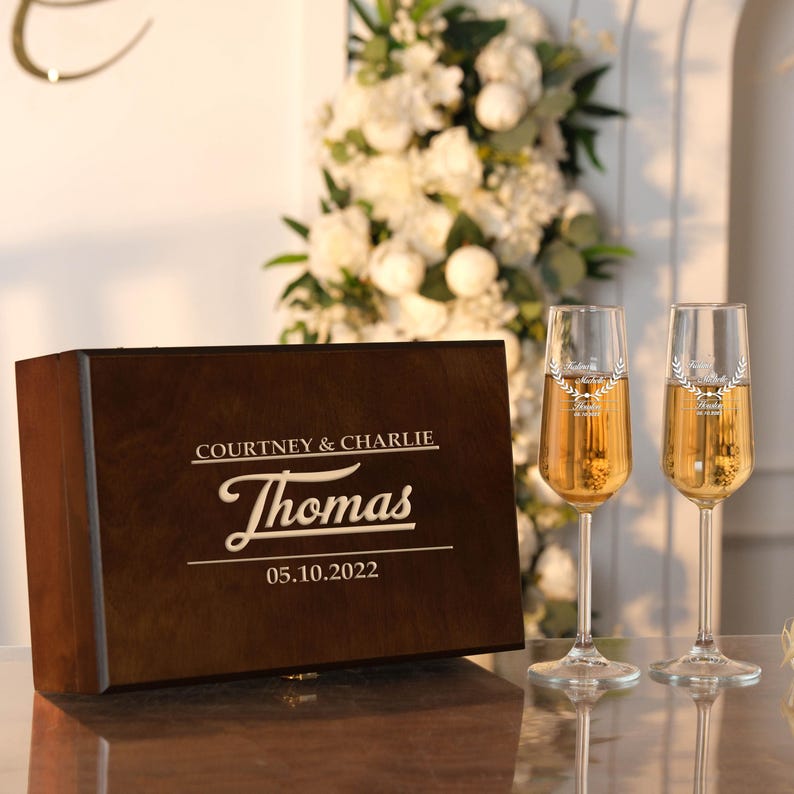 Engraved Wedding Champagne Flutes, Personalized Wooden Boxed Gift Set ...