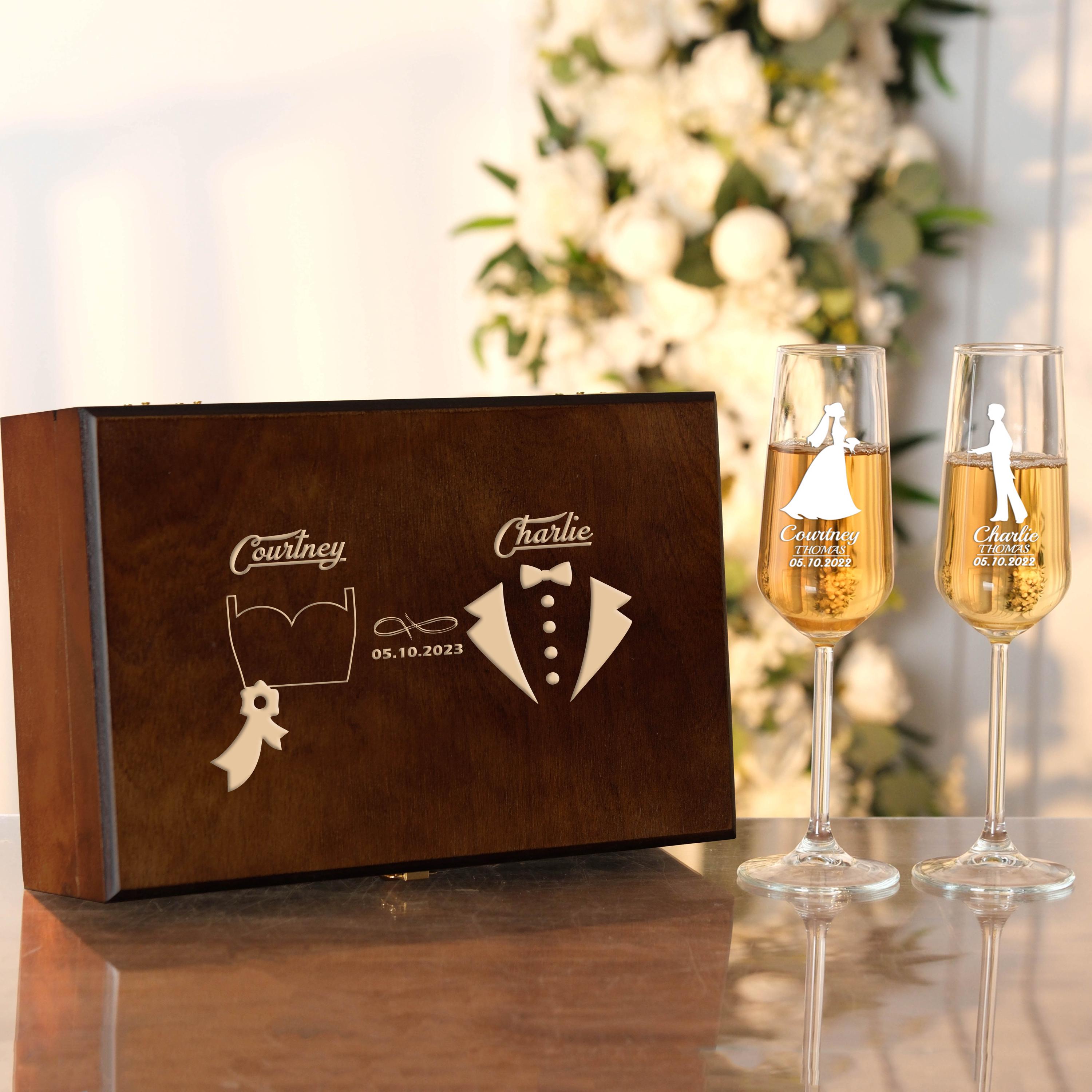 Engraved Wedding Champagne Flutes, Personalized Wooden Boxed Gift Set ...