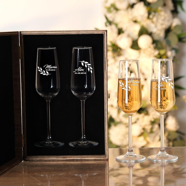 Engraved Wedding Champagne Flutes, Personalized Wooden Boxed Gift Set ...