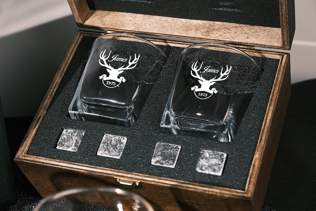 Personalized Whiskey Glass Set With Engraved Wooden Box, Engraved ...