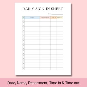 Daily Sign-in Sheet Printable Employee Timesheet Log Book Time ...