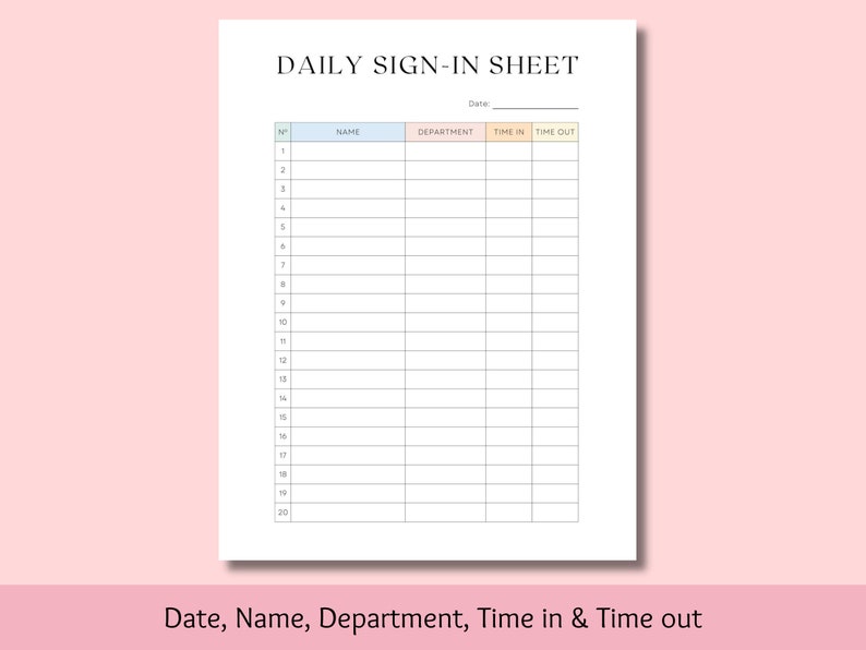 Daily Sign-in Sheet Printable Employee Timesheet Log Book Time ...